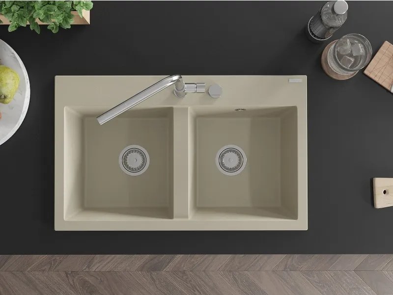 Mexen Hektor dřez žulový 2-komorový 800 x 480 mm, béžový, sifon chrom - 6521802000-69