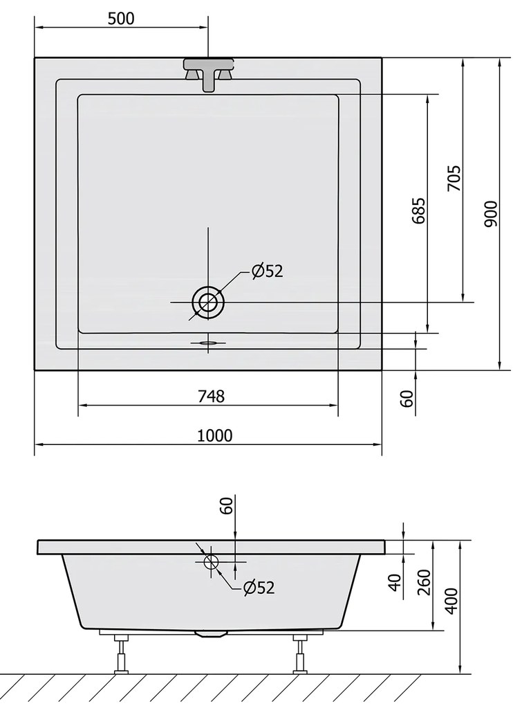 POLYSAN DEEP hluboká sprchová vanička, obdélník 100x90x26cm, bílá, 72340