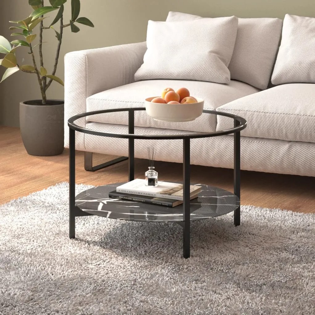 Čajový stolek černý a černý mramor 70 cm tvrzené sklo