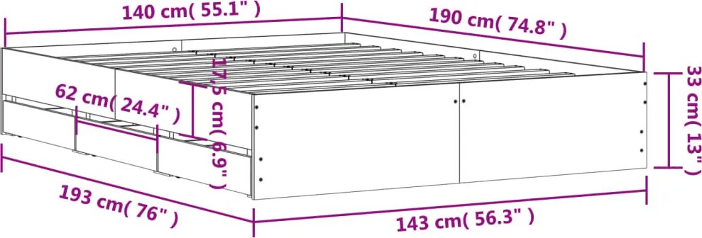 vidaXL Rám postele se zásuvkami 140x190 cm kompozitní dřevo [3207303] Barva: šedá sonoma