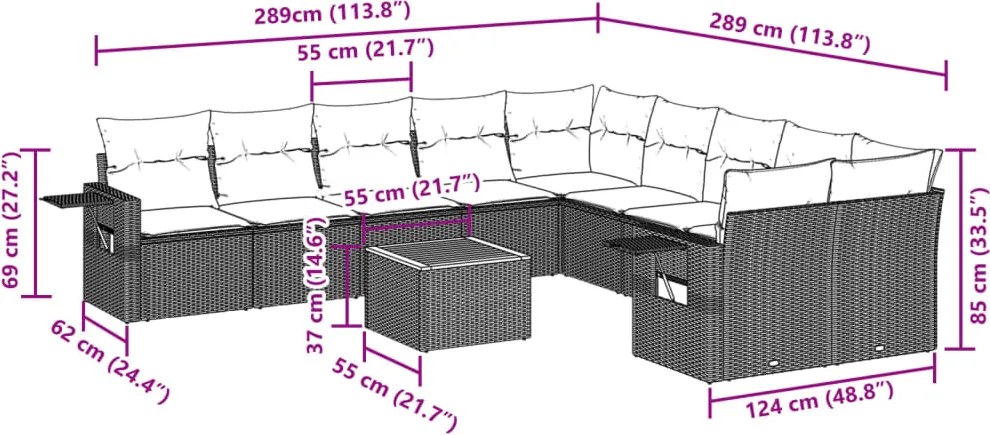 11dílná zahradní sedací souprava s poduškami černá polyratan 3257084