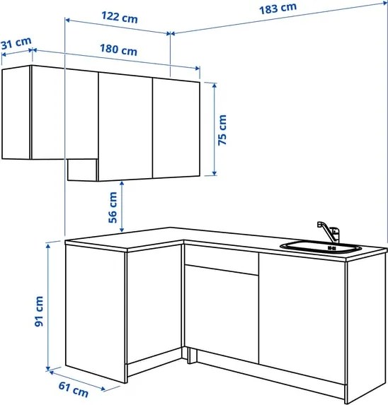 KNOXHULT Rohová kuchyně, lesklá/bílá, 182x183x220 cm