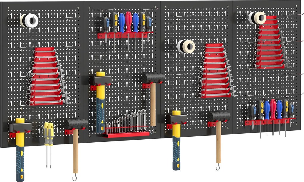 HOMCOM nástěnný pegboard – 4 panely 60 × 40 cm, organizér nářadí 38 dílů, černo-červený | Aosom