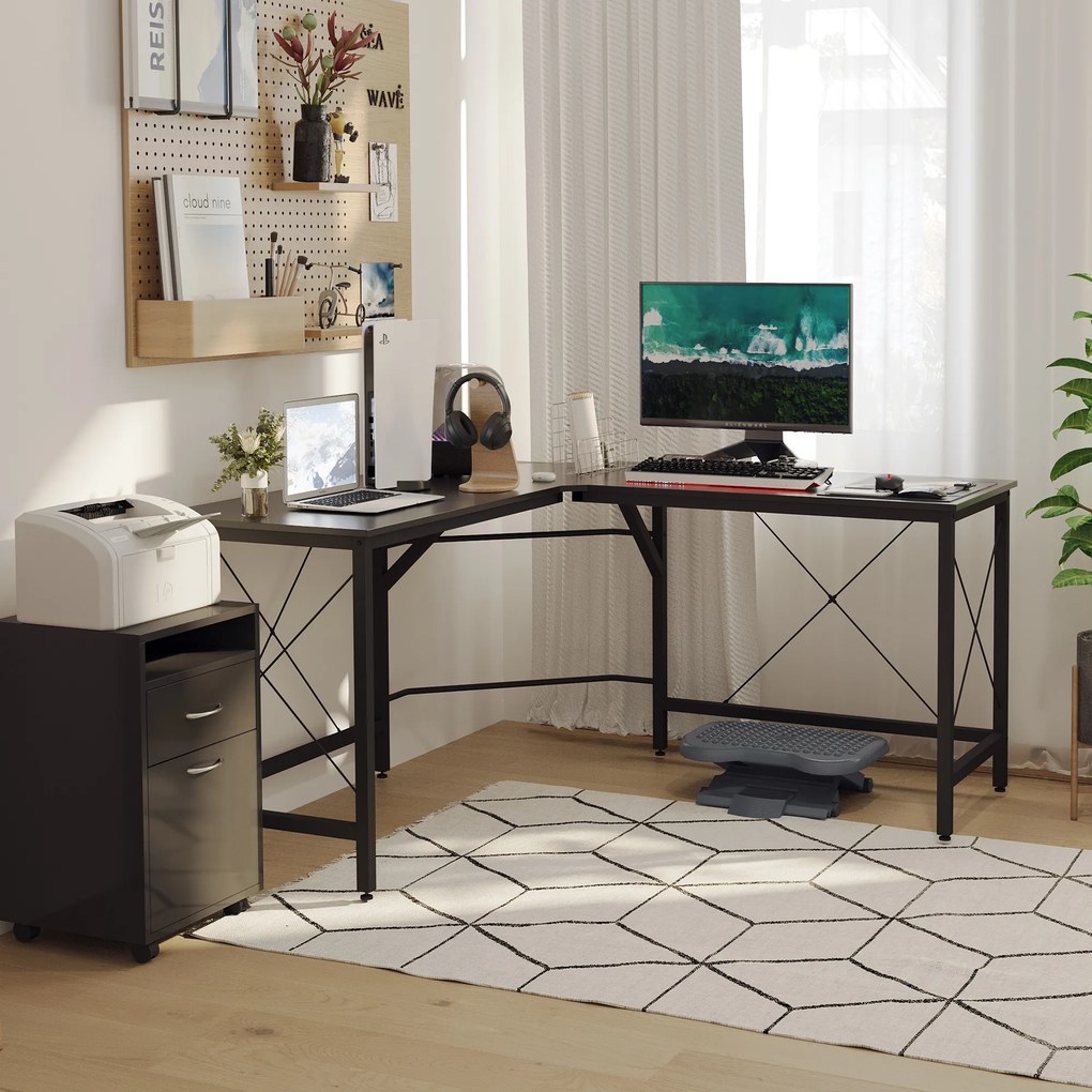 Počítačový stůl HOMCOM Rohový stůl ve tvaru L 150x150x76cm MDF černý, moderní rohový stůl pro kancelář a domácí pracovnu