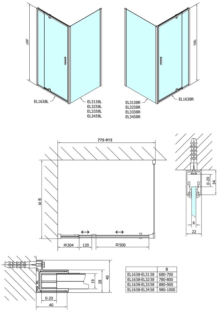 Polysan EASY LINE obdélníkový sprchový kout pivot dveře 800-900x1000mm L/P varianta, brick sklo EL1638EL3438