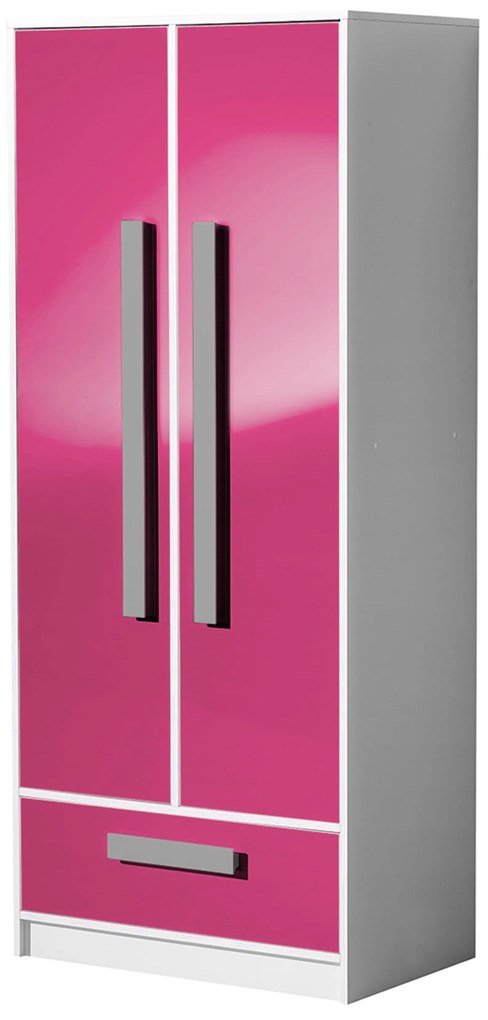 Šatní skříň GULIVER 1 Domel 80/191/50 barva: bílý mat/růžový lesk/fialové úchyty