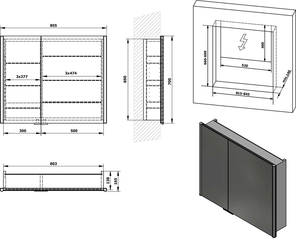 Sapho, INTEGRA zápustná galerka s LED osvětlením, 85x70cm, IN085