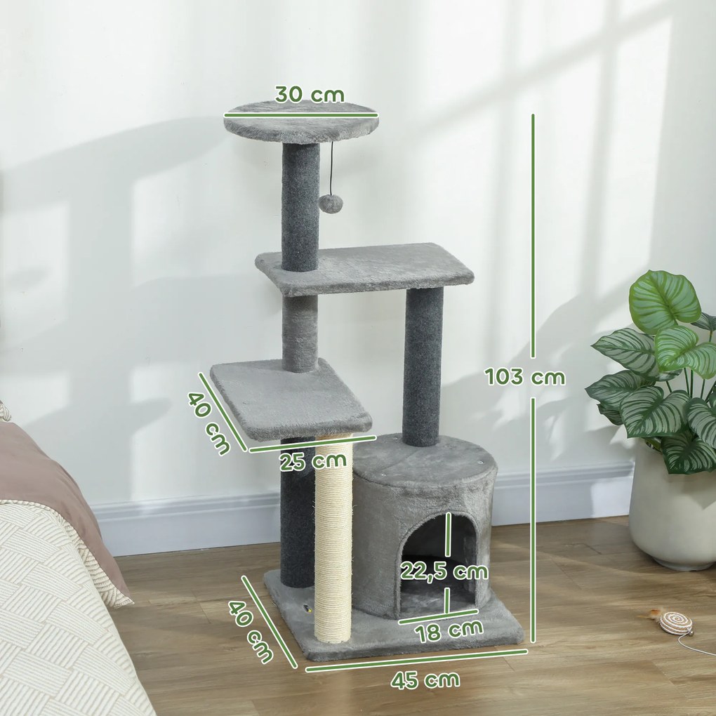 PawHut Škrabadlo 103 cm, kočičí strom s kočičí jeskyní, platformami, sisalovými škrabacími sloupky, plyšový míček pro kočky do 5 kg, šedá