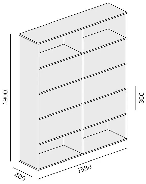 Široký kancelářský policový regál LAYERS, 6 boxů, 1582 x 400 x 1905 mm, dub přírodní / dub mořený
