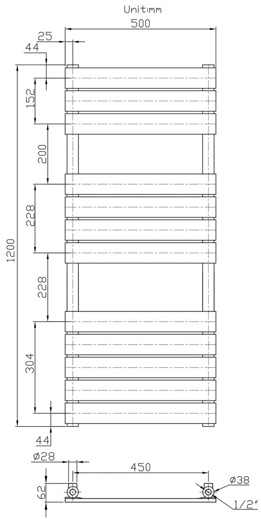 Gamma Erga Classic, topné těleso 1200x500 mm, 661W, černá matná, ERG-LAV-CLAS-12050-BK