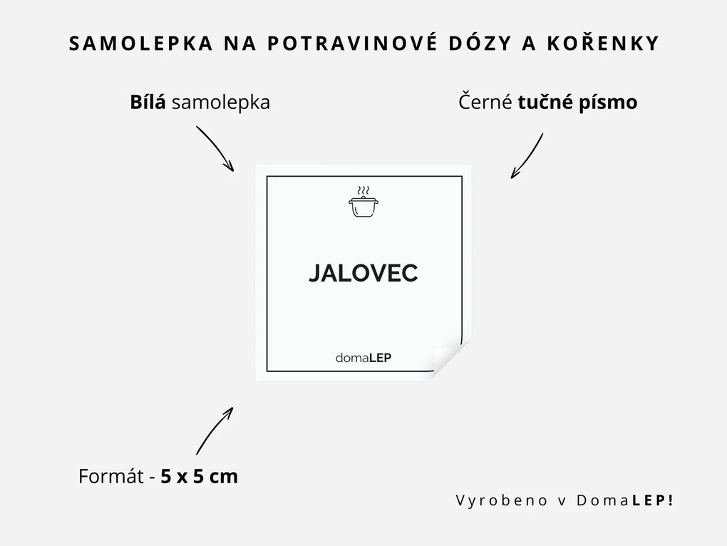JALOVEC - omyvatelná samolepka na kořenky, výběr rozměrů Ø 5 cm / 5 x 5 cm / 6 x 8 cm | DomaLEP tvar: ČTVEREC, barva: BÍLÁ - ČERNÉ písmo, velikost: š. 5 cm x v. 5 cm - základní písmo
