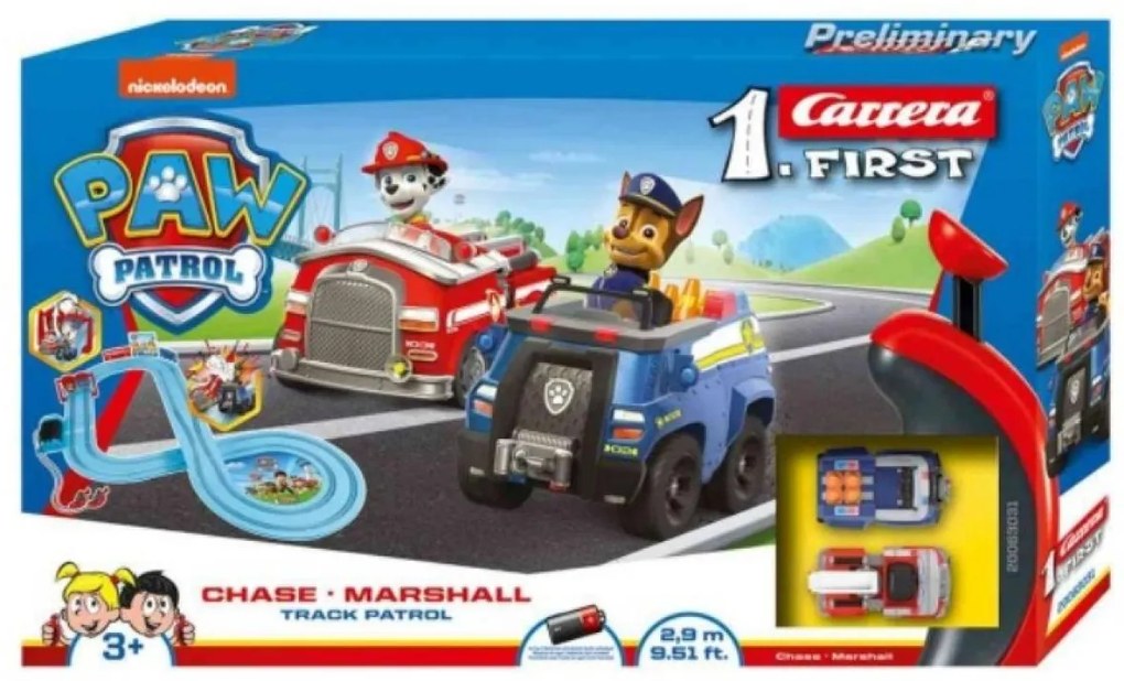 Autodráha Carrera First Paw Patrol/Tlapková Patrola 2,9m plast +2 auta na bat. v krabici 50x30x7cm
