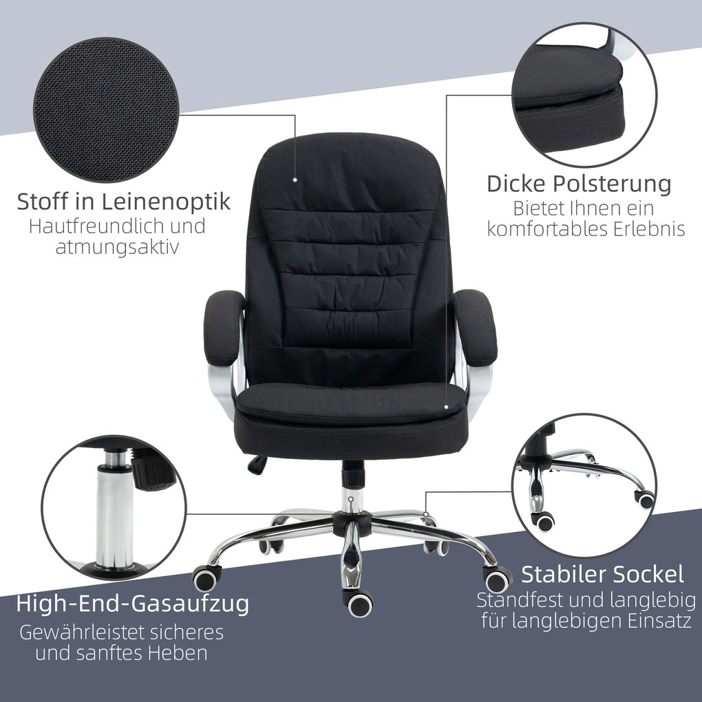 Kancelářská židle Vinsetto s nastavitelnými područkami, ergonomická kancelářská židle, houpací funkce, výškově nastavitelná, černá, len, 64x75x111-12…