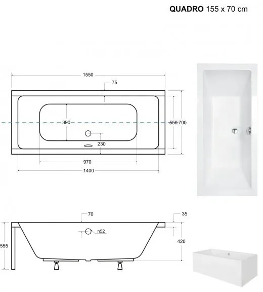 Hopa Quadro obdélníková vana 155 x 70 cm bílá VANQAUD155 new