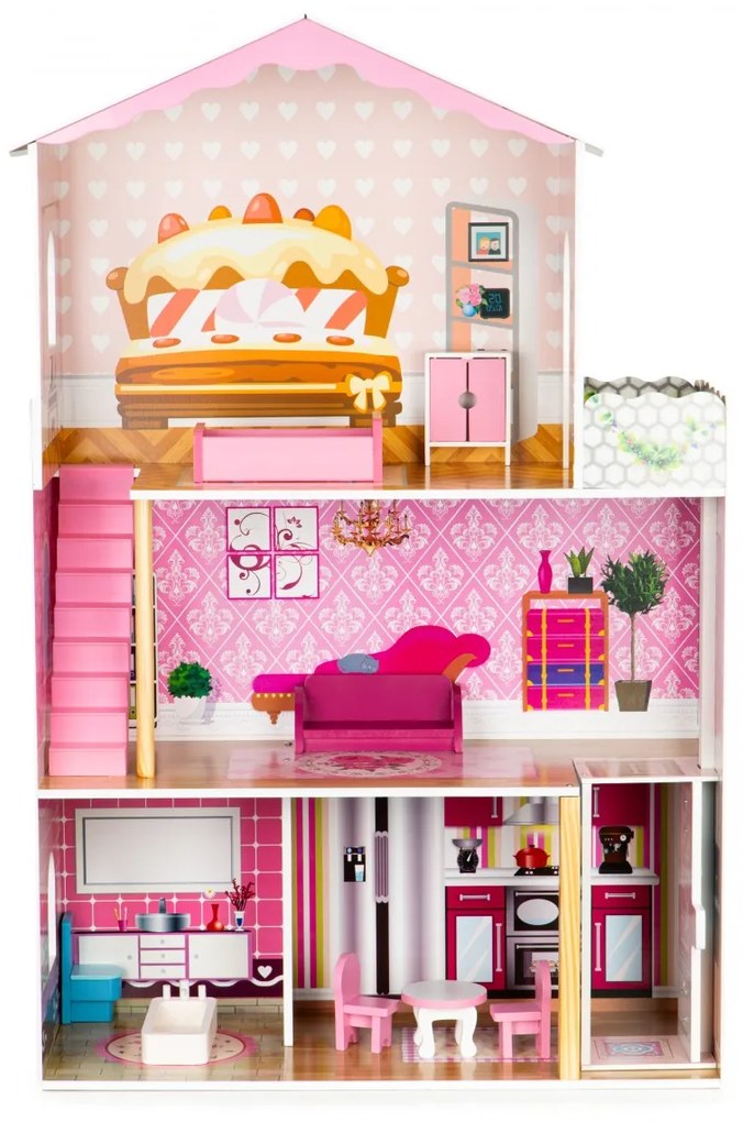 Dřevěný domeček pro panenky EcoToys Biba růžový + nábytek