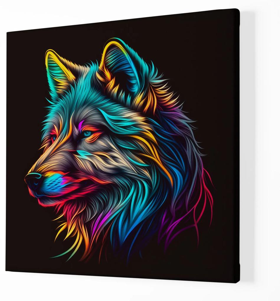 Obraz na plátně - Barevný zářící vlk, hlava FeelHappy.cz Velikost obrazu: 120 x 120 cm