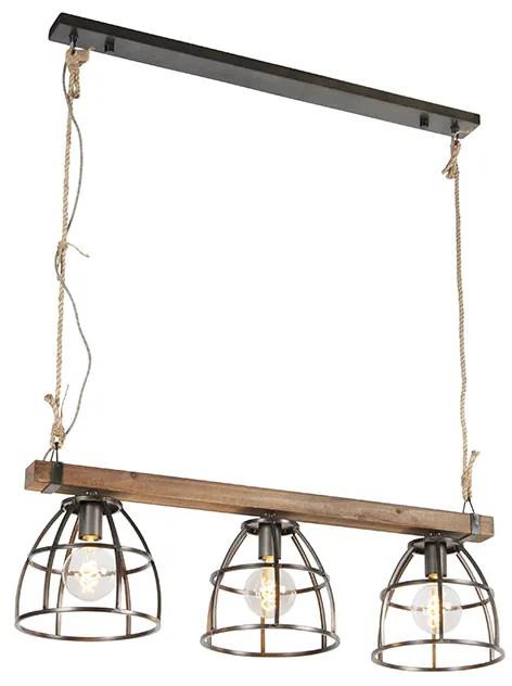 Průmyslová závěsná lampa černá se 3 světly ze dřeva - Arthur
