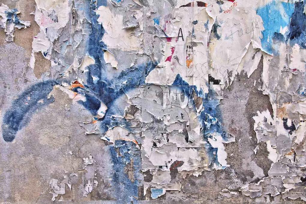 DIMEX | Samolepicí vliesová fototapeta na zeď Otrhané papírové plakáty MA-5-2417 | 375 x 250 cm | modrá, bílá, šedá