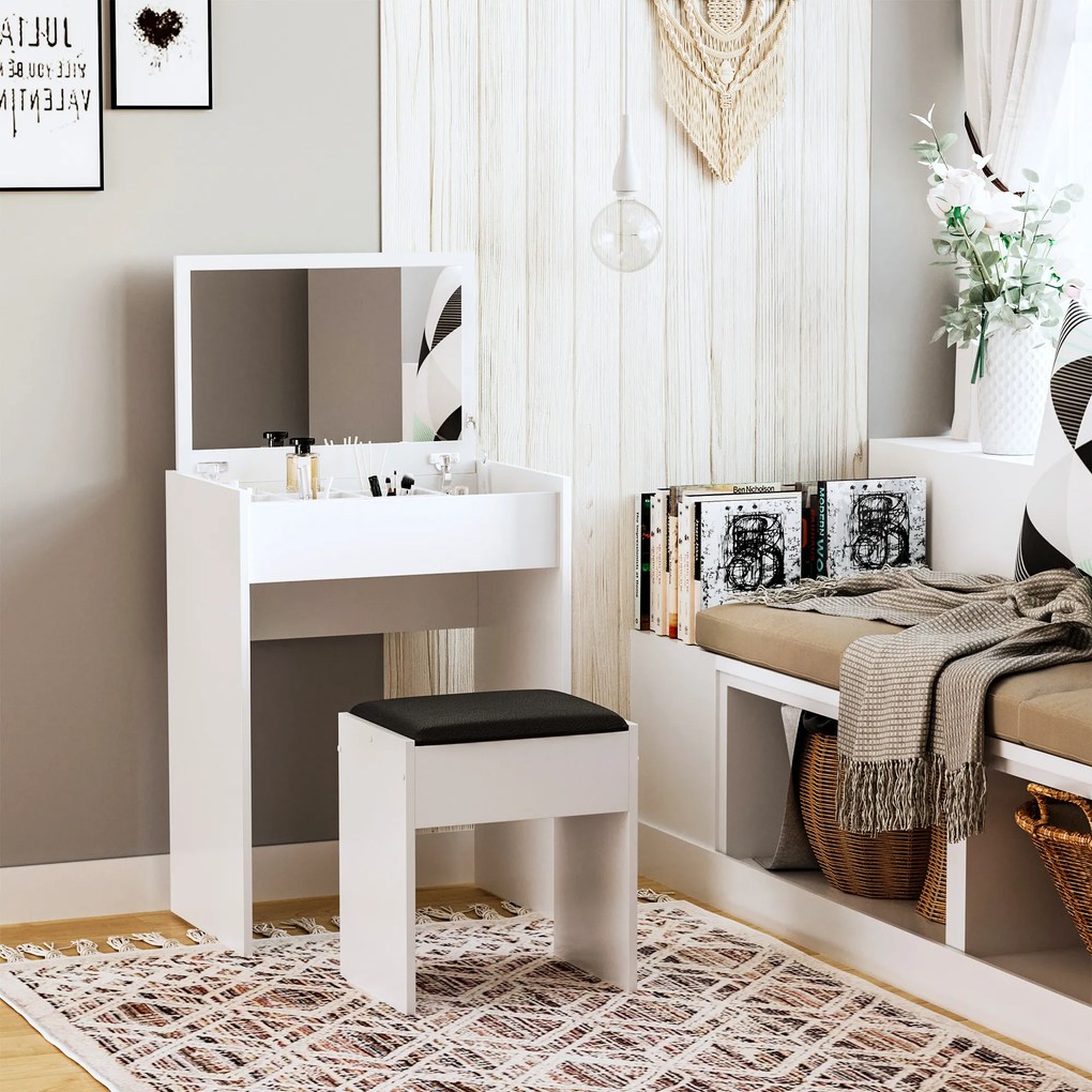 HOMCOM Skládací Toaletní Stolek se Zrcadlem, Moderní Toaletní Stolek se Stoličkou a Úložným Prostorem (10 Přihrádek), Bílý MDF, 60,2 x 40,2 x 79 cm