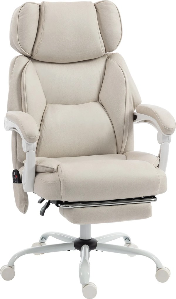 HOMCOM Kancelářská židle s vysokým opěradlem s vibrační masáží a vyhříváním, ergonomická, naklápěcí, s opěrkou nohou, krémově bílá