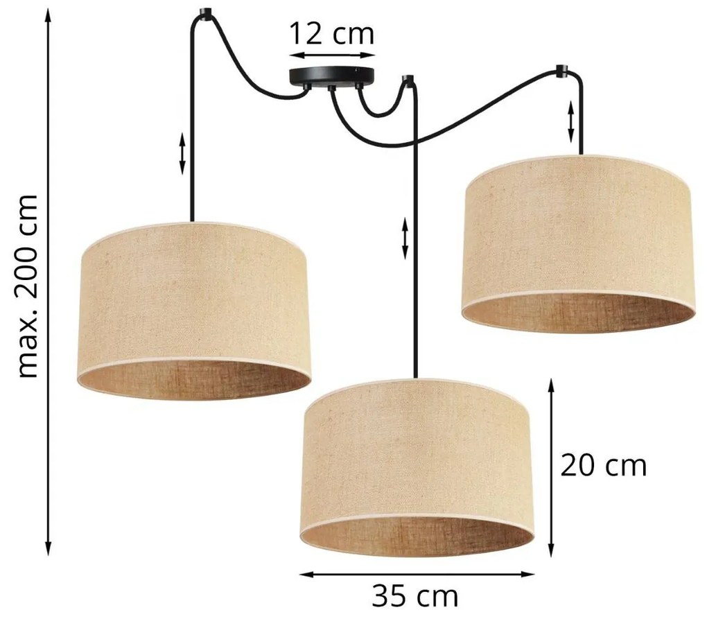 Závěsné svítidlo JUTA SPIDER, 3x jutové stínítko, (výběr ze 2 barev konstrukce), (fi 35cm)