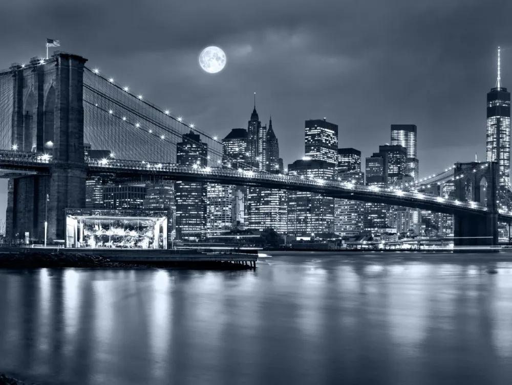 Vícedílný obraz Noční Panorama New Yorku S Měsícem Na Obloze Nedostatek Nedostatek Přírodní plátno 120x90