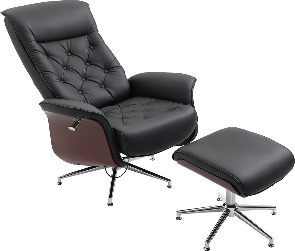 HOMCOM Relaxační křeslo s podnožkou - TV křeslo s čalouněním, 360° otočné, 145° nastavitelné, retro design Chesterfield, PU potah, dřevěné detaily, k…