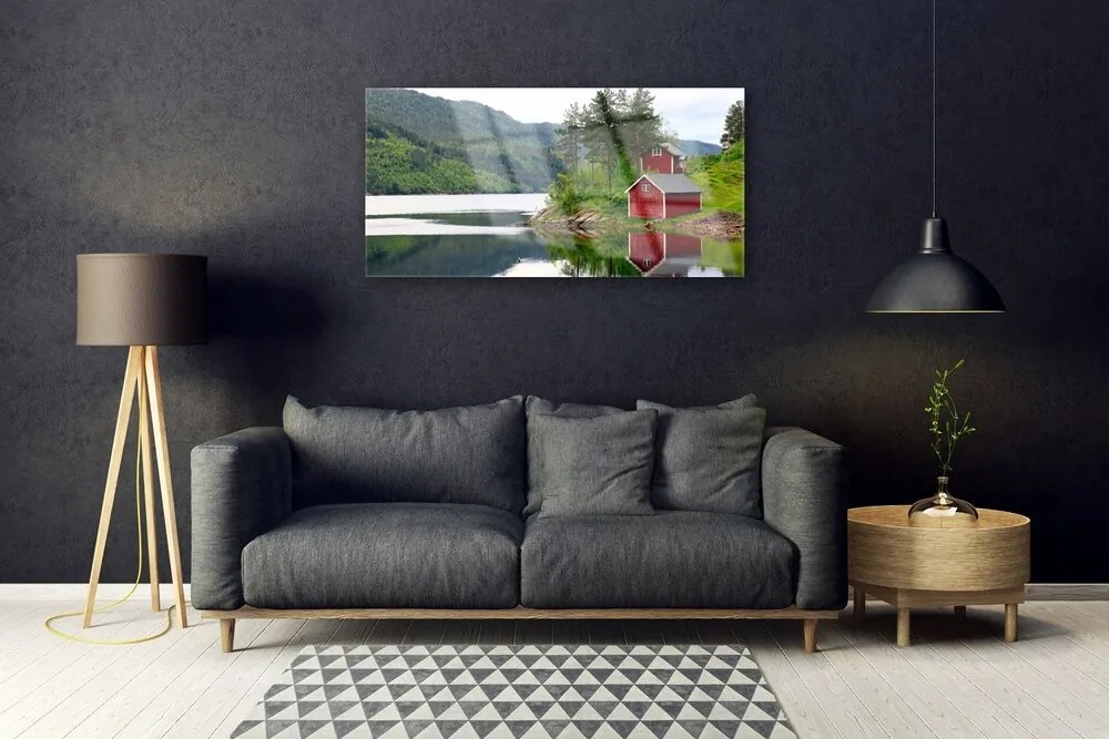 akrylový obraz Hory Dům Jezero Krajina 100x50 cm