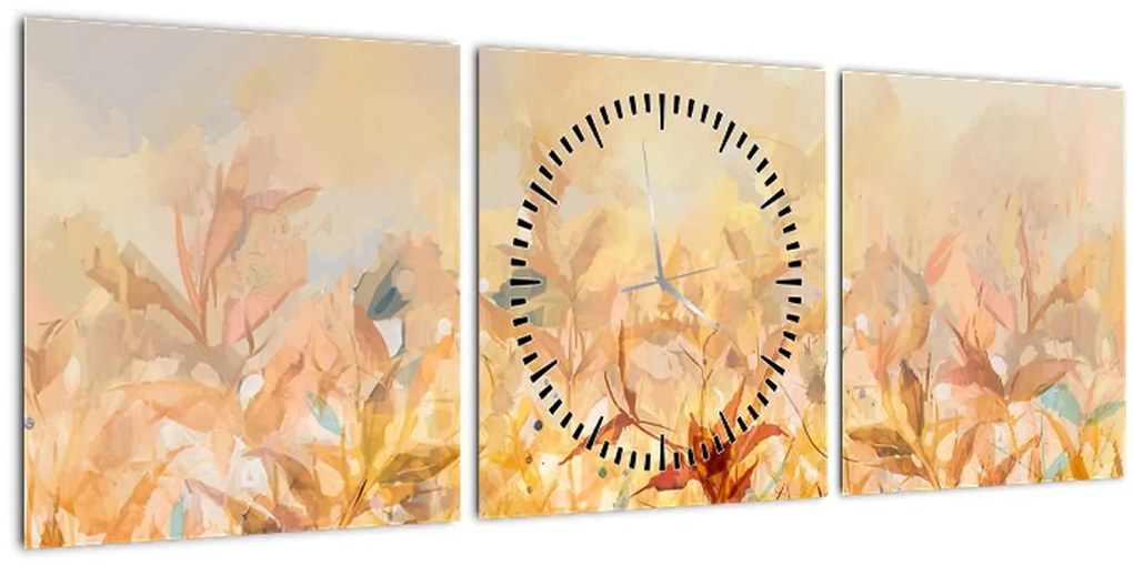 Obraz - Listy v barvách podzimu, olejomalba (s hodinami) (90x30 cm)