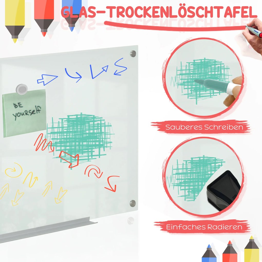 Magnetická tabule Vinsetto 90x60cm se 4 pery, 6 magnety, 1 houbičkou a poličkou, stojanová skleněná tabule k montáži na zeď | Aosom.de
