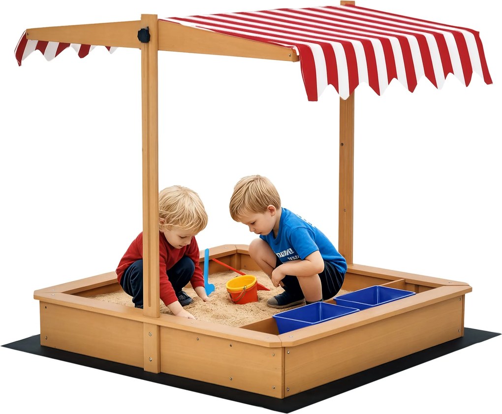Dřevěný pískoviště Outsunny bez dna pro děti 3-7 let se stříškou, ideální na zahradu, terasu a pláž, 107,5 x 107,5 x 110 cm | Aosom