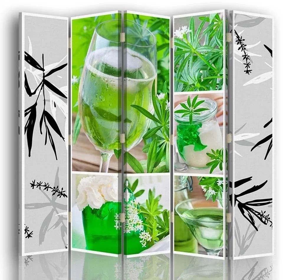 Ozdobný paraván Zelené lázně Leafy Green Zen Spa - 180x170 cm, pětidílný, obustranný paraván 360°