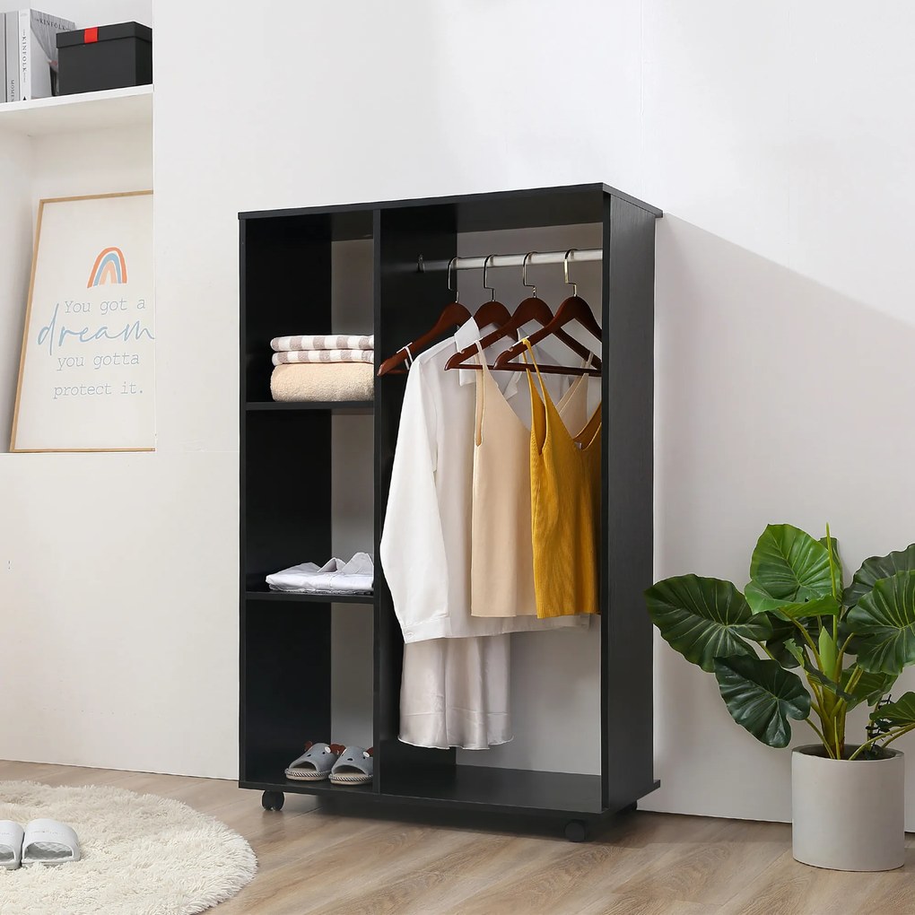 HOMCOM Skříň na kolečkách s otevřeným designem pro oblečení s ramínkovou tyčí a policemi organizátor pro ložnici 80x40x128 cm Černá