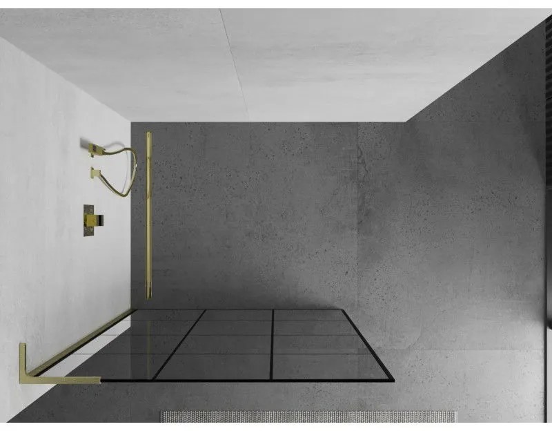 Mexen Kioto L, sprchová zástěna Walk-In 120 x 200 cm, 8mm čiré sklo černý vzor, zlatý matný profil, 800-120-103-55-77
