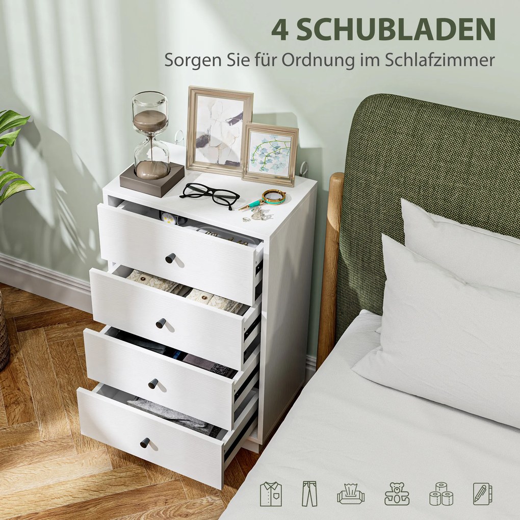 HOMCOM Komoda se 4 zásuvkami, skříň z dřevotřísky v moderním stylu, 47 x 29 x 75 cm, bílá