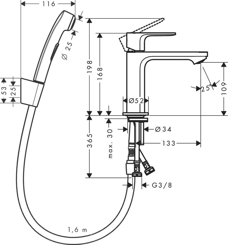 Hansgrohe Rebris S, umyvadlová baterie 110 s ruční sprchou Bidette a sprchovou hadicí 160 cm, bez odtokové soupravy, černá matná, 72215670