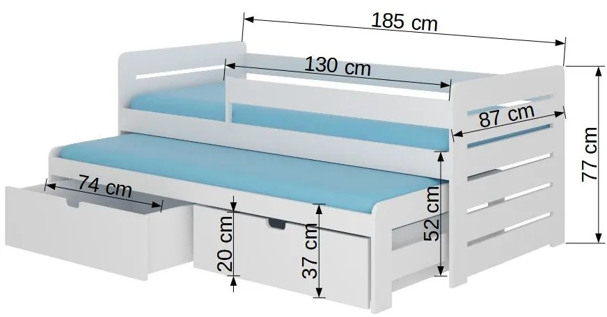 ADRK Rozkládací postel TOMI, CH-Tom-BUK-186+M-E452, 180x80 cm se zábradlím a matrací, buk