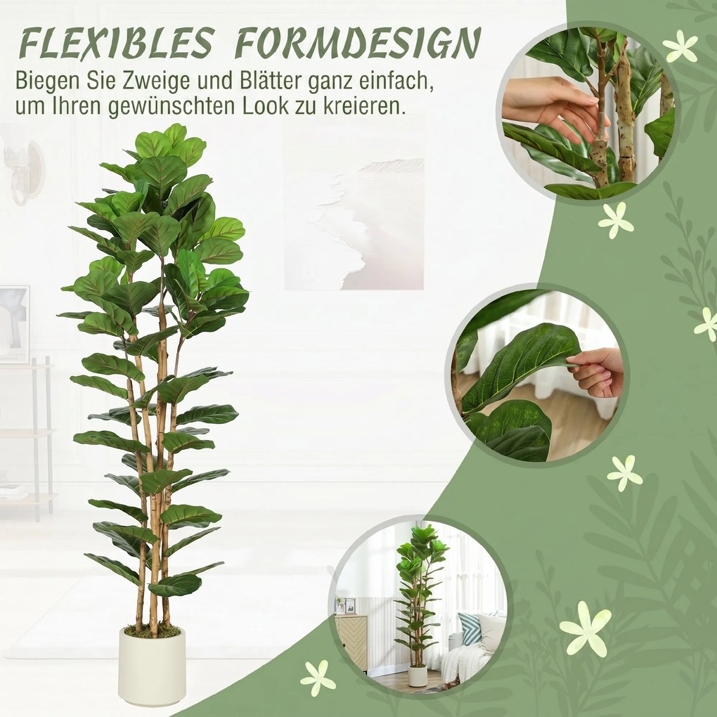 HOMCOM umělý fíkovník (Fiddle Leaf Fig), 180 cm, 91 listů, kmen z masivního dřeva, v květináči — realistická plastová rostlina do obýváku, ložnice, k…