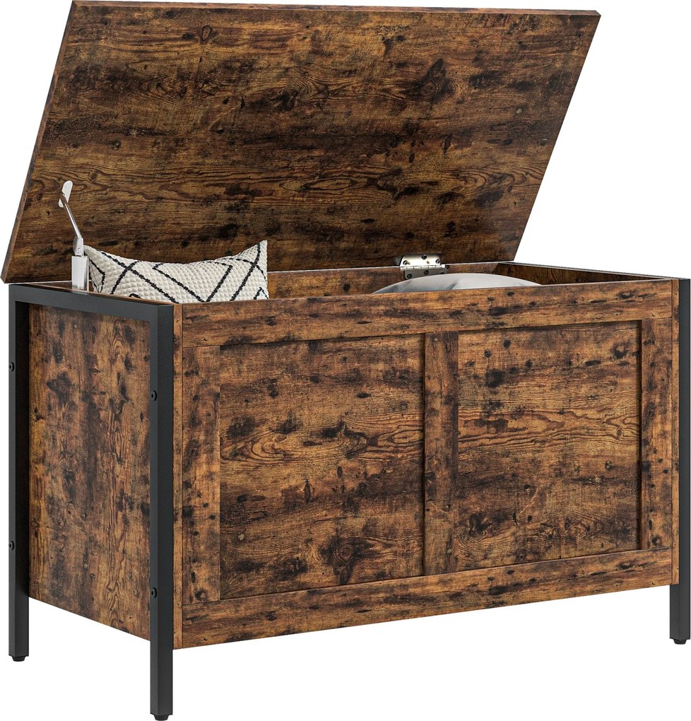 HOMCOM 95L Úložný box v průmyslovém stylu s bezpečnostním víkem, víceúčelová lavice do obývacího pokoje a předsíně, 80x40x49cm, rustikální hnědá | Aos