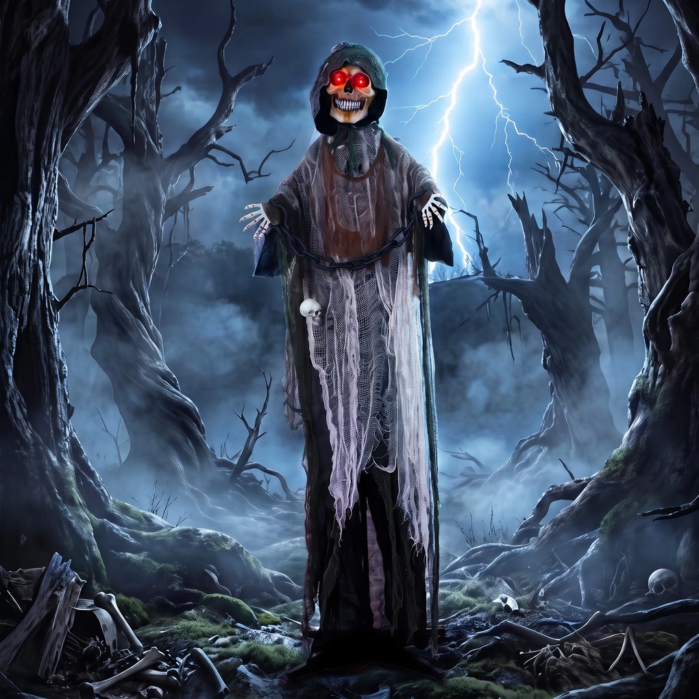 HOMCOM Animovaný Smrtka, 170 cm, životní velikost Halloween animatroniky s pohyblivýma rukama/hlavou, svítícíma očima a strašidelným zvukem