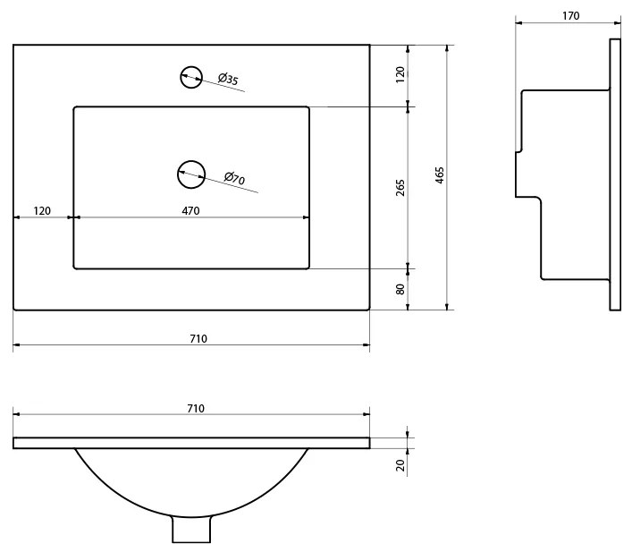 Sapho Sapho, SLIM keramické umyvadlo, nábytkové, 70x46cm, bílá, 1601-70