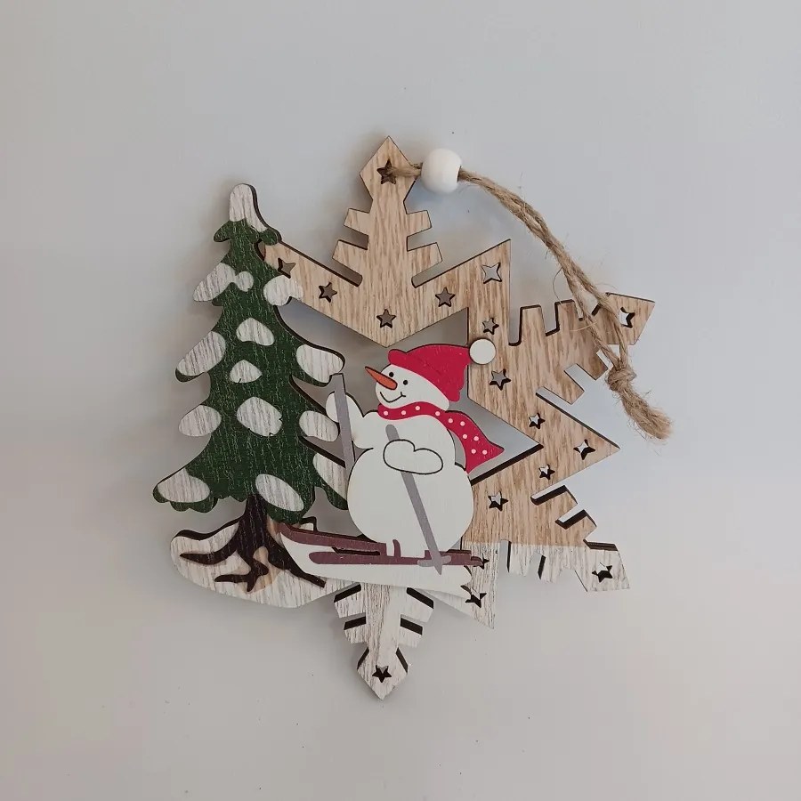 Dřevěná vánoční ozdoba sněhulák 15 cm, k zavěšení
