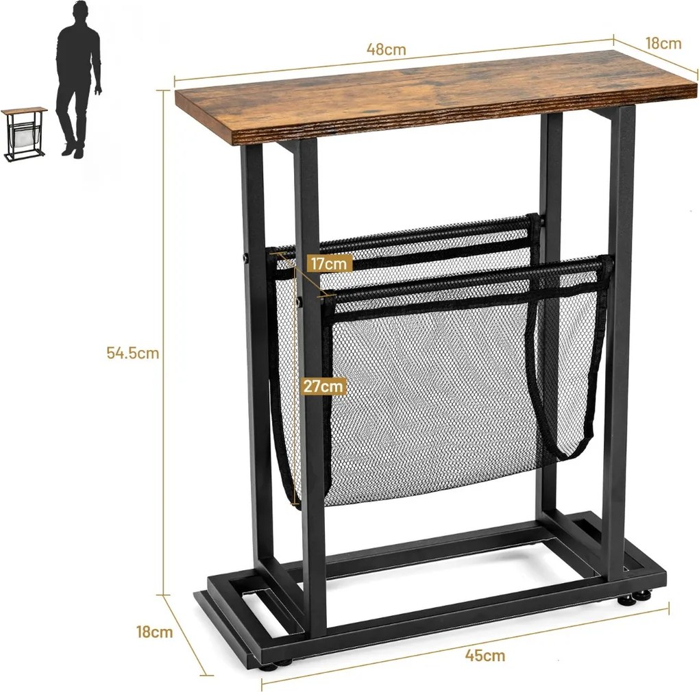 Costway Industrial odkládací stolek 2patrový úzký hnědá + – 48 × 18 × 54,5 cm