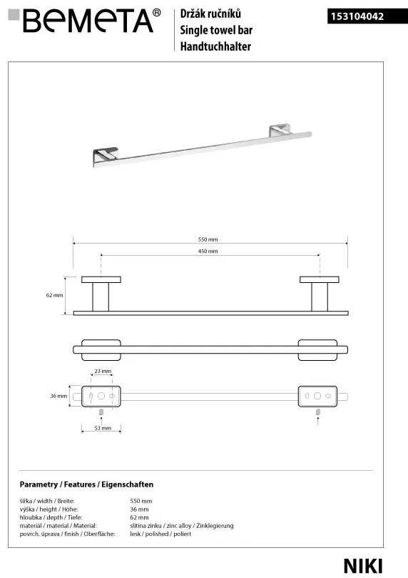 Bemeta Design NIKI: Držák ručníků, 450 mm -