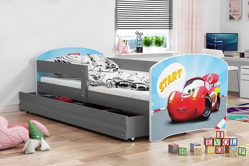 Dětská postel LUKI se šuplíkem - barva grafit - ZÁVODNÍ AUTO