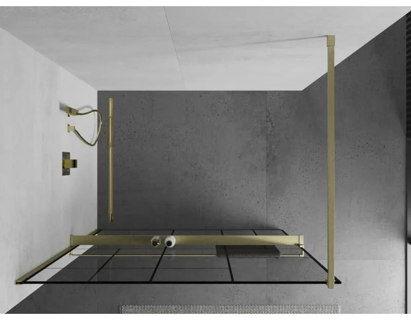 Mexen Kioto+, sprchová zástěna Walk-In s poličkou a věšákem 90 x 200 cm, 8mm čiré sklo černý vzor, zlatý matný profil, 800-090-121-55-78
