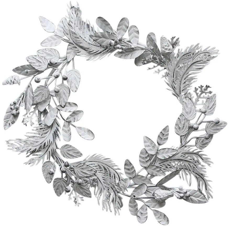 Chic Antique Zinkový věnec Leaves - 40cm, šedá barva, bílá barva, zinek