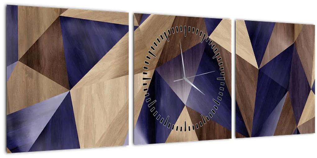 Obraz - 3D dřevěné trojúhelníky (s hodinami) (90x30 cm)