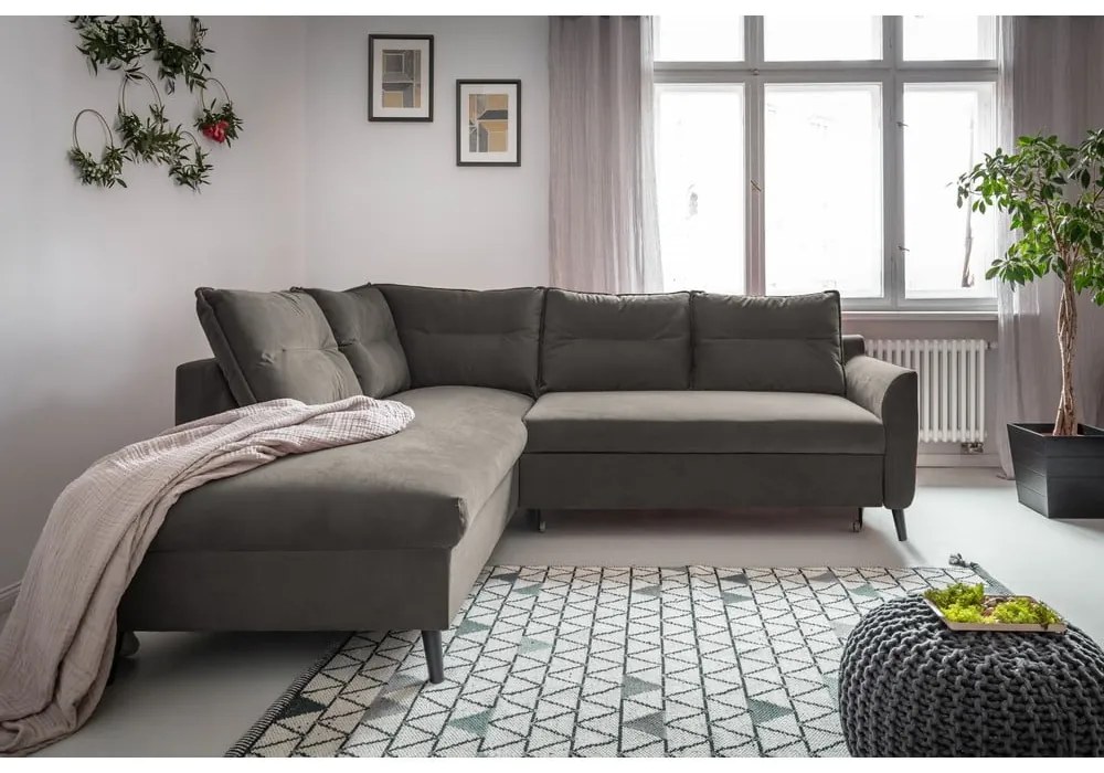Tmavě šedá sametová rozkládací rohová pohovka Miuform Stylish Stan L, levý roh