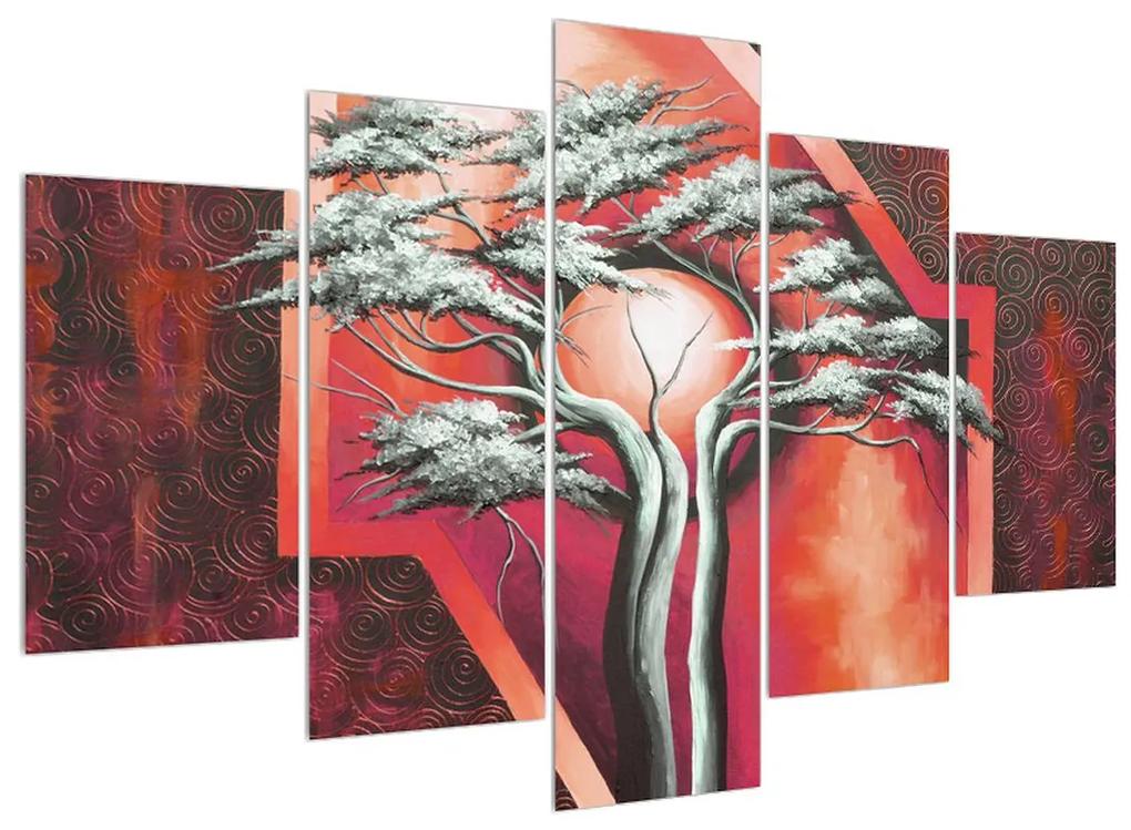 Orientální červený obraz stromu a slunce (150x105 cm)